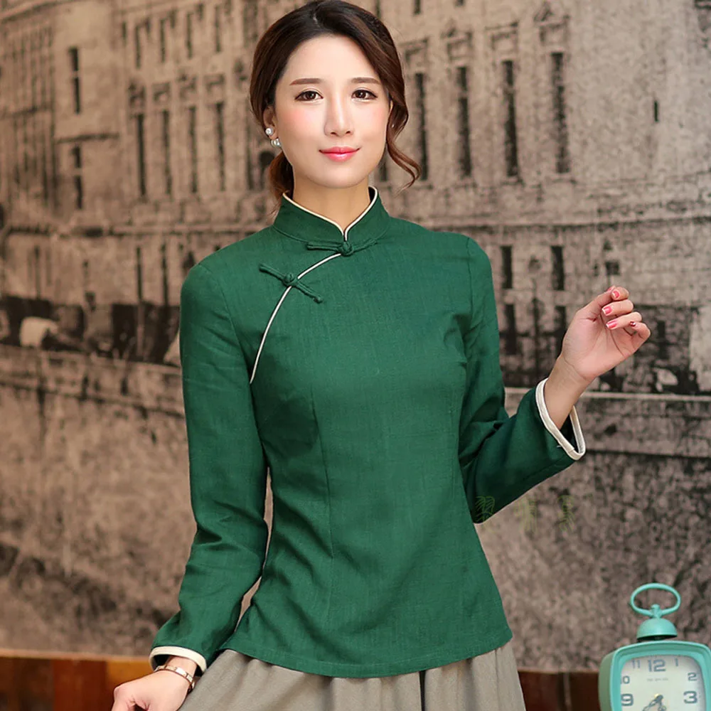 Long Sleeve National Ethnic Style Qipao Shirt Chinese Women Cheongsam ...