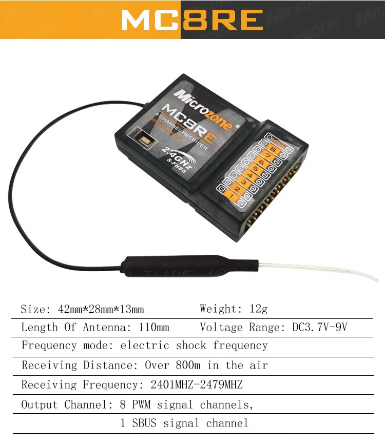 MicroZone MC8RE 9CH Receiver - 42x28x13mm, 12g