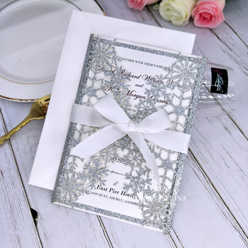 Silver Glitter Snowflake Laser Cut Wedding Invitations Cards with ...