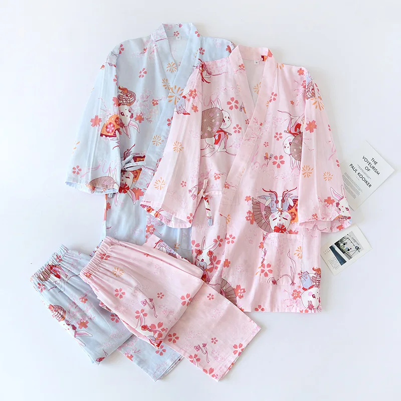Women-Japanese-Style-Sakura-Bunny-Print-Kimono-Pajamas-Set-Cotton ...