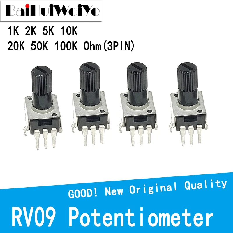 10 개/몫 RV09 수직 12.5mm 샤프트 1K 2K 5K 10K 20K 50K 100K 0932 가변 저항 9 유형 ...