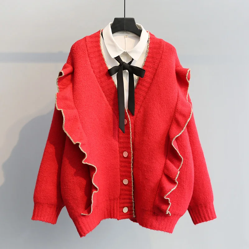 2019 New Merah Wanita Cardigan Tebal Rajut Merah Refful Merah Single ...