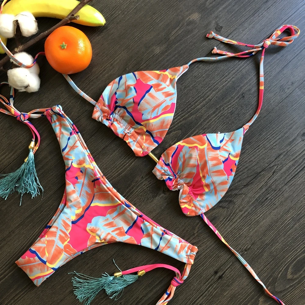 Sexy Women Low Waist Bikini Solid Color Swimwear Floral Print Bathing