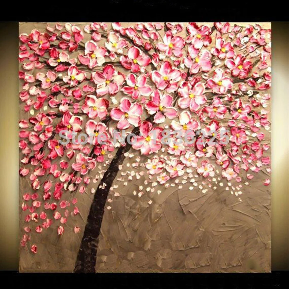 100-Buatan-Tangan-Bunga-Merah-Muda-Lukisan-Minyak-Di-Atas-Kanvas-untuk ...