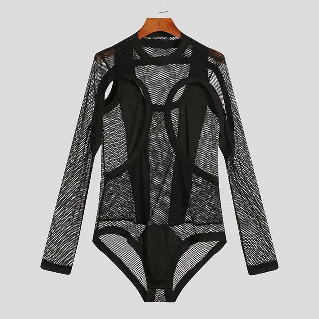 INCERUN Men Bodysuits Mesh Patchwork See Through Pajamas O-neck Long ...