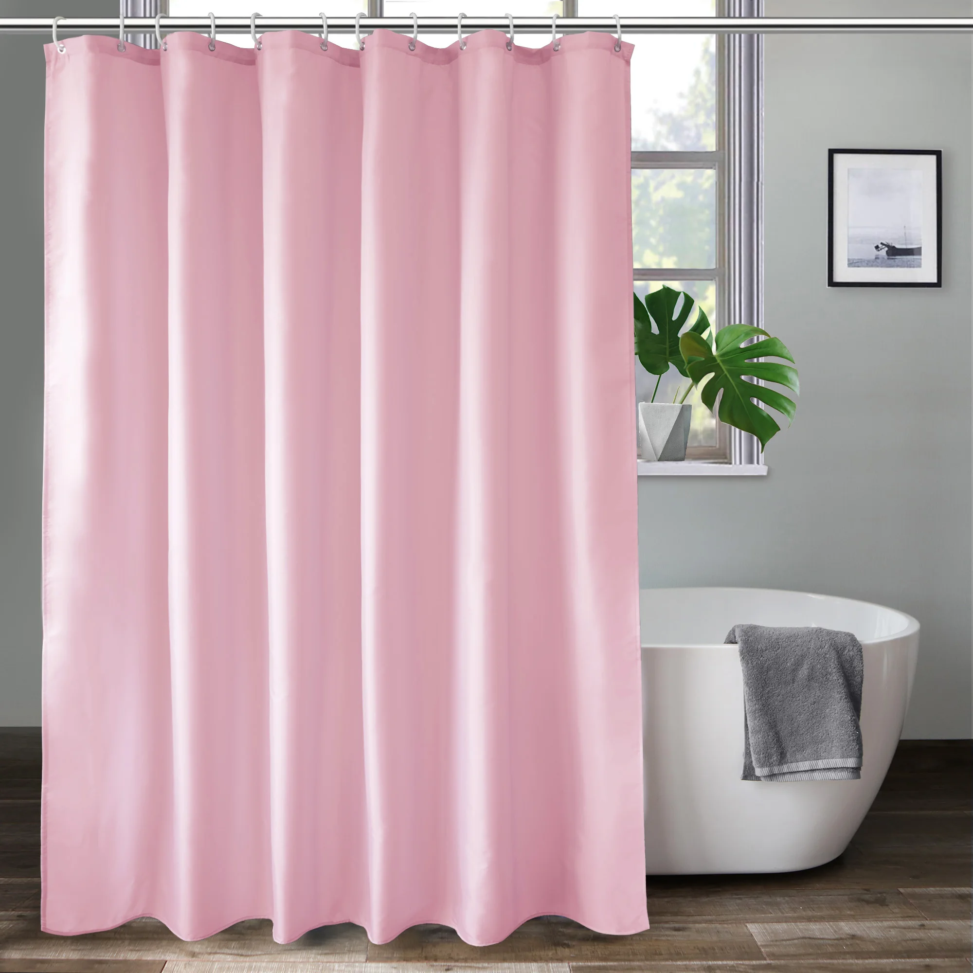 Ufriday Solid Color Pink Shower Curtain Fabric Weighted Hem Shower