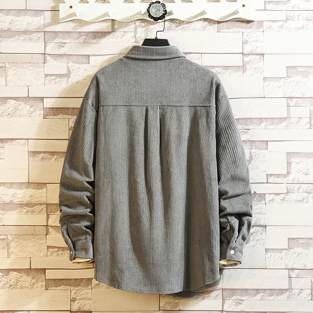Mens Casual Fashion Corduroy Shirt Pure Color Pocket Long Sleeve shirt ...