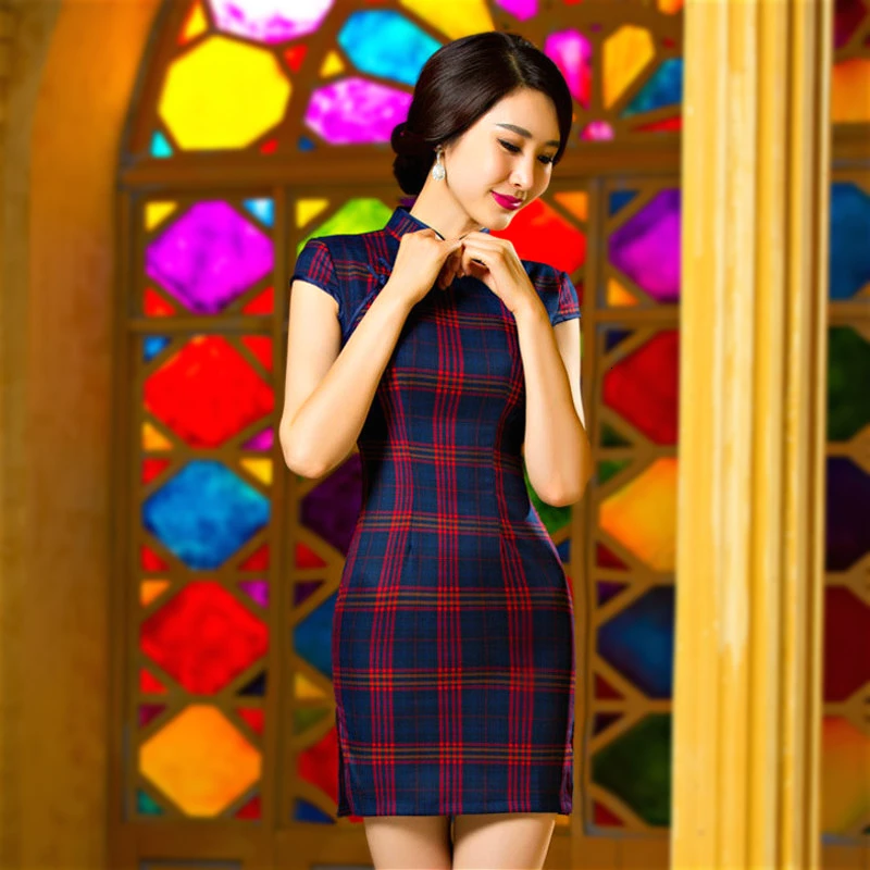 Sheng Coco Mini Cheongsam Summer Red Plaid Qipao Retro Clothing Cotton ...
