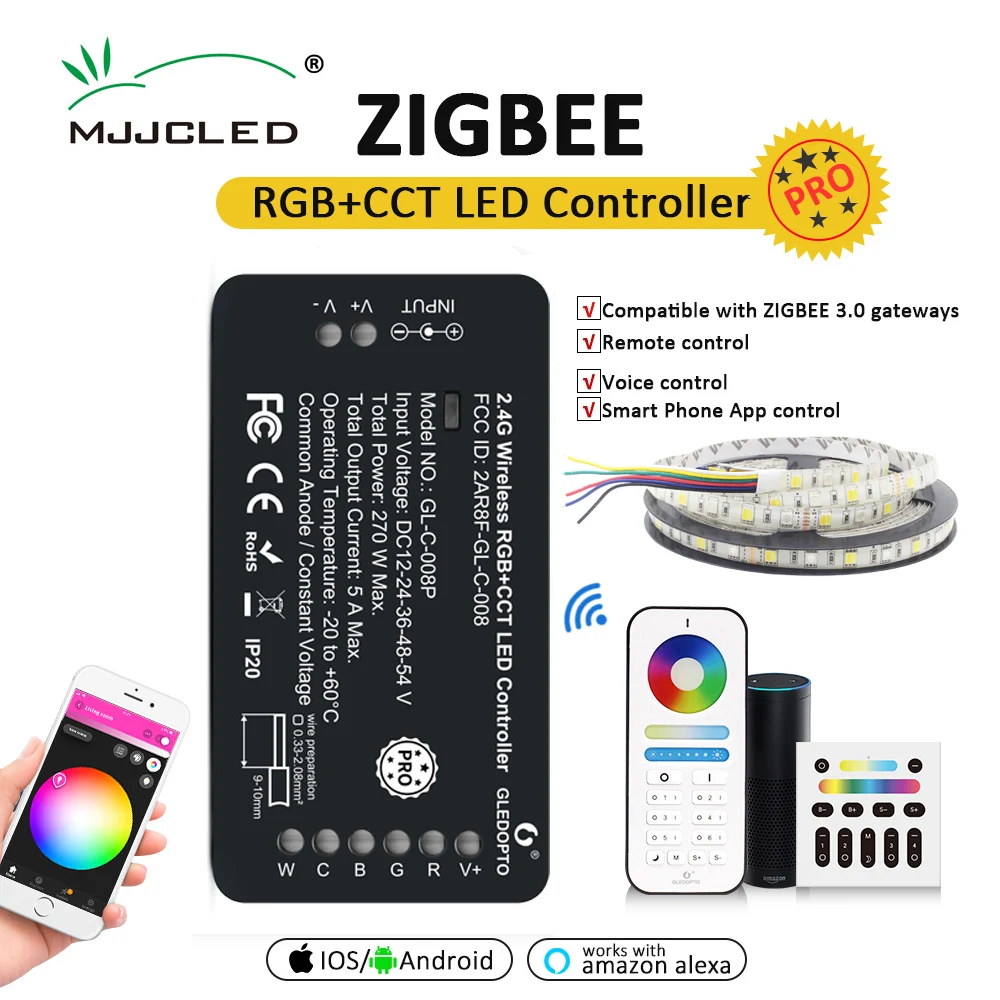 GLEDOPTO Zigbee Pro LED 컨트롤러 RGBWW RGBCCT 스트립 라이트, 12V 24V Alexa Echo ...
