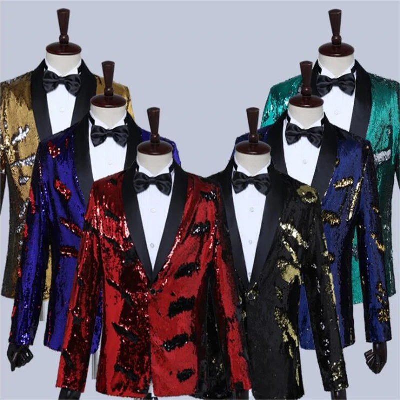 Suit men's turned sequins blazers fashion stage nightclub bar singer ...