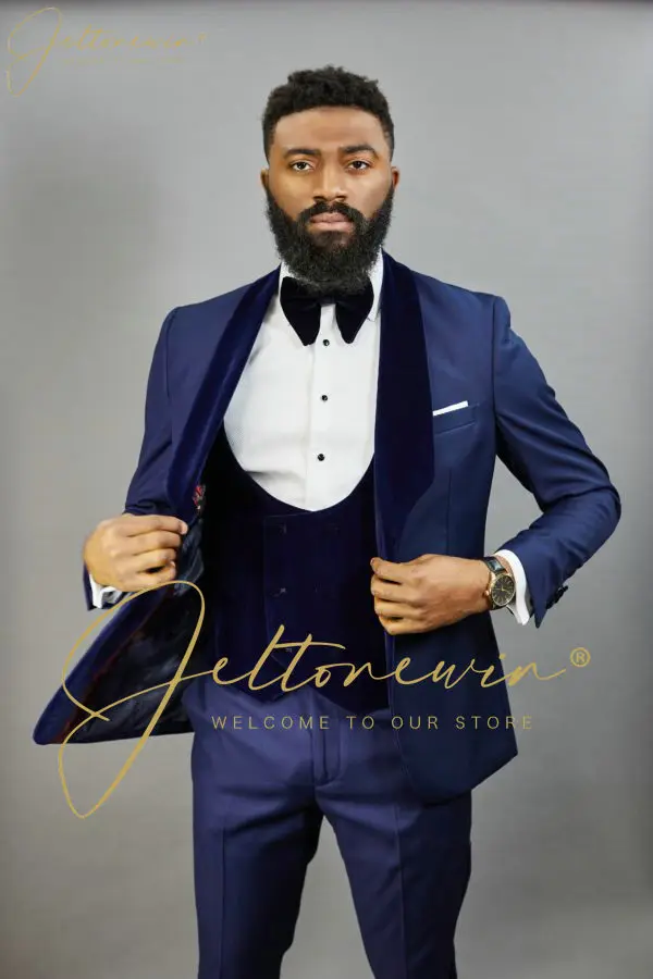 Custom Made Navy Blue Velvet Shawl Lapel Men's Suit Formal Wedding Prom ...