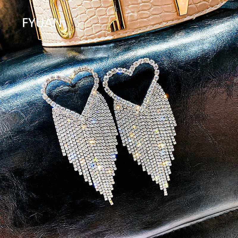 Long Tassel Full Rhinestone Drop Earrings Shiny bling Heart Crystal ...