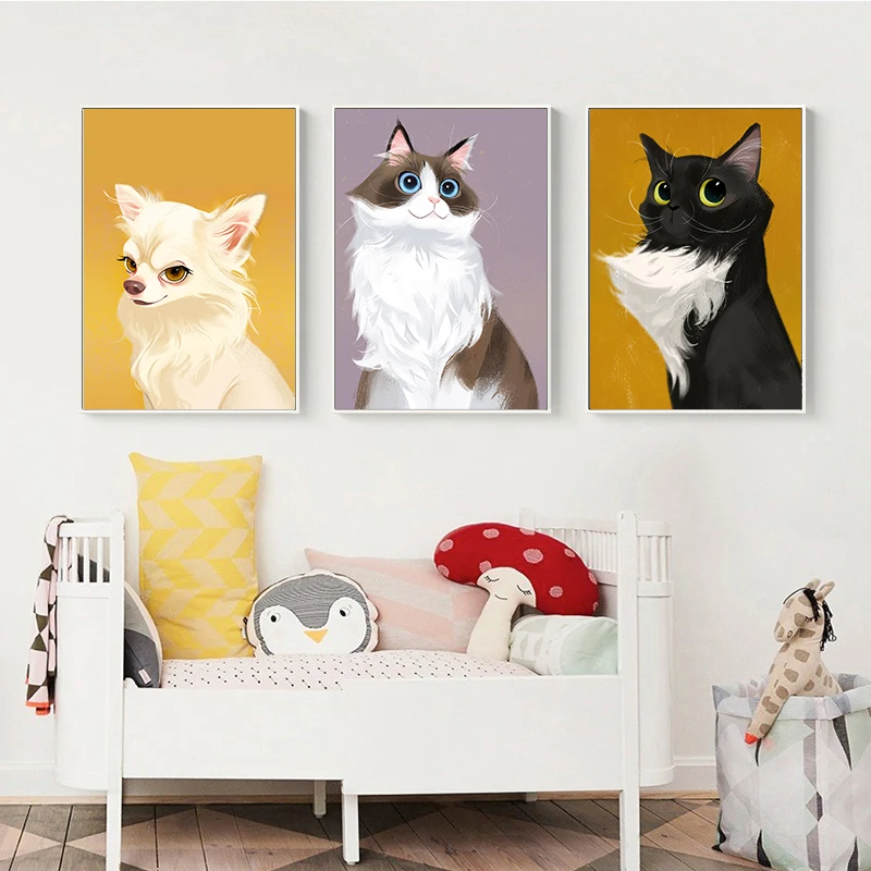 Cartoon Pet Dog Cat Poster Animals Posters Canvas Painting Wall Art ...