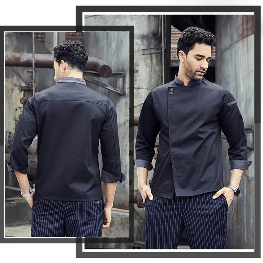 Long Sleeves Restaurant Uniform Stand Collar Chef Jacket Coat Kitchen ...
