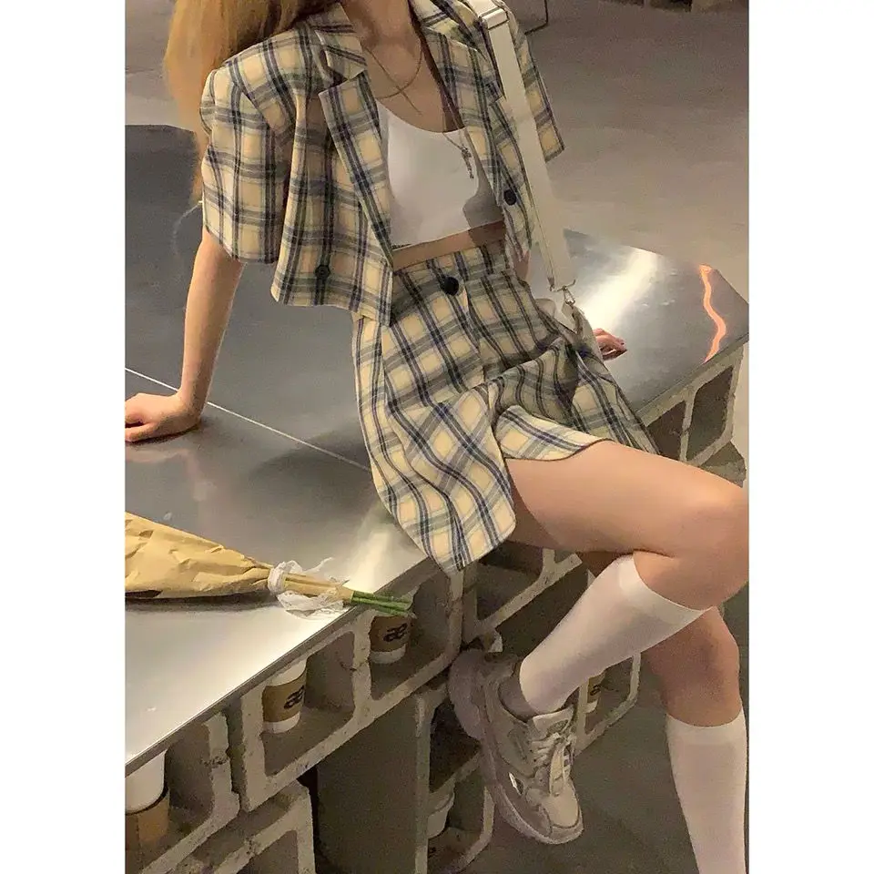 여성용 반팔 블레이저 및 스커트 세트 프레피 스타일 배꼽 노출 반팔 블레이저 및 스커트 2 피스 세트 여름드레스 슈트