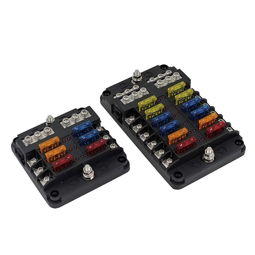 6 Ways 12 Ways Blade Fuse Box Holder Splitter Kits M5 Stud With Led ...