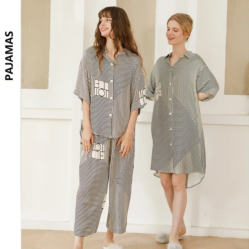 Contrast-Striped-Pajamas-Set-Women-s-Fashion-Viscose-Stitching ...