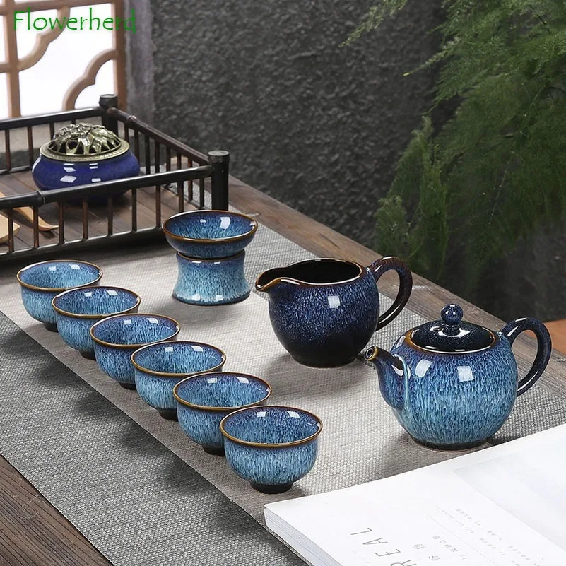 Ceramic-Porcelain-Tea-Set-Teaware-Tea-Cup-Set-of-6-Glaze-Blue-Kiln ...