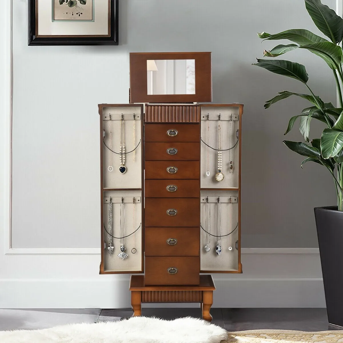 Standing Jewelry Armoire Cabinet Storage Chest with 7 Drawers 2 Swing Doors 12 Necklace Hooks Makeup Mirror and Top Divided AliExpress
