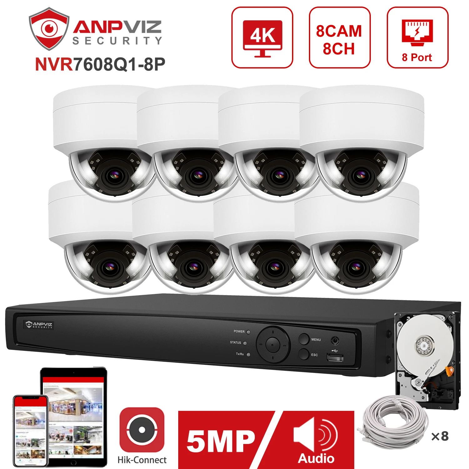 Anpviz 5mp Poe Ip Security Camera System Hikvision Oem 8ch 4k Nvr Audio Outdoor Security Cctv ...