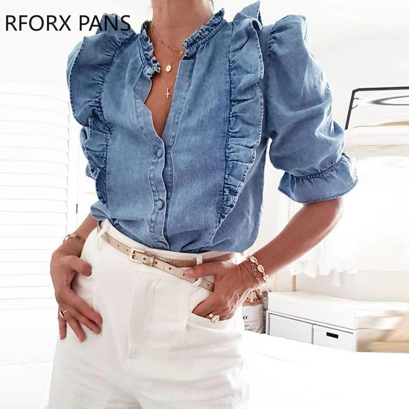 FREE SHIPPING Solid Color Ruffles Puffed Sleeve Blouse JKP2792 ...