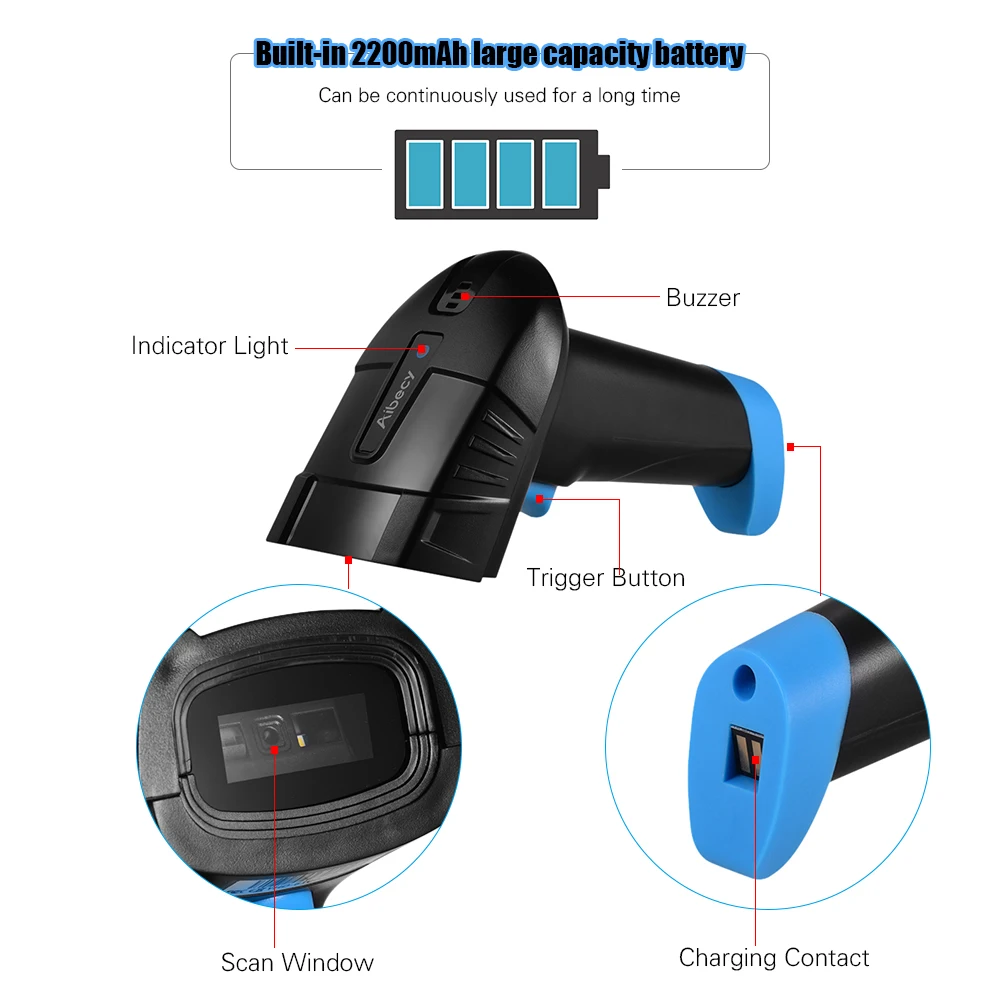 Aibecy 1D 2D QR Wireless Barcode Scanner Bar Code Reader with USB ...