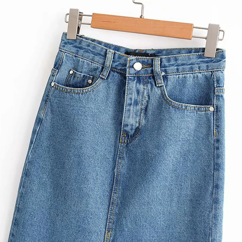 Сексуальные джинсовые юбки для женщин Мода Сплит до середины икры Длина юбки Винтаж карман синий