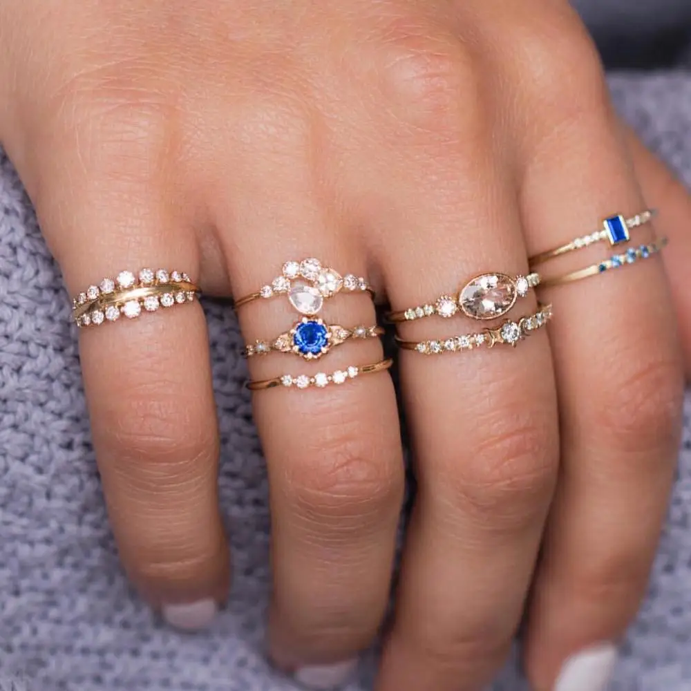 Fashion Geometric Knuckle Joint Rings Set For Women Blue Crystal Gold ...