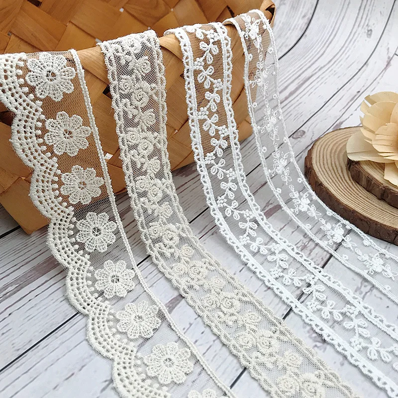 3Yards/Lot Embroidery White Beige Cotton Thread Tulle Lace Fabric ...