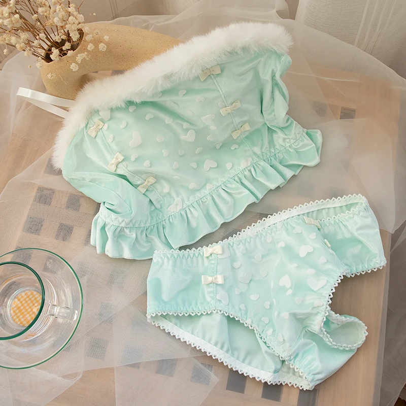 Fluffy-Fur-Trim-Light-Green-Vest-Camisoles-Panties-Set-Wirefree-Soft ...