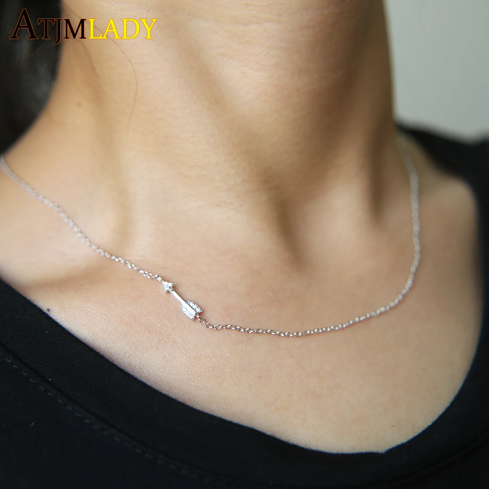 Real-925-Sterling-Silver-dainty-thin-chain-pave-clear-CZ-arrow-sideway ...