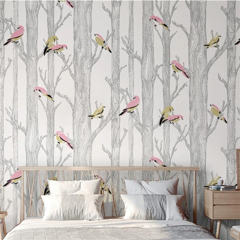 Wellyu Nordic Bloemen En Vogels Berkenbos Behang Moderne ...