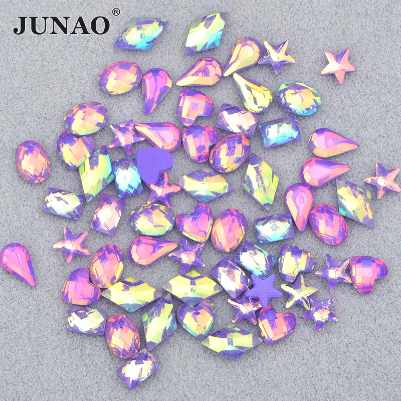 JUNAO Glitter Purple AB Mix Shape Heart Nail Rhinestone Flat Back ...