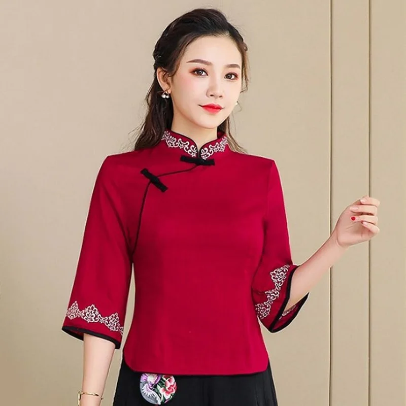 Ladies Chinese Tops Blouses Chinese Traditional Top Embroidery 3/4 ...