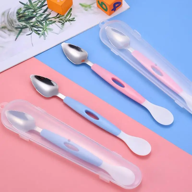 2 heads colher de alimentação do bebê colher de silicone fruta auxiliar ...