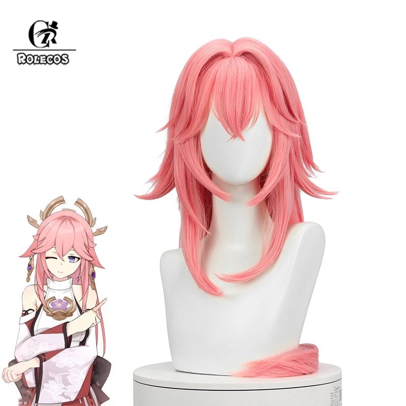 Rolecos genshin impacto yae guuji cosplay peruca 80cm longo rosa peruca ...