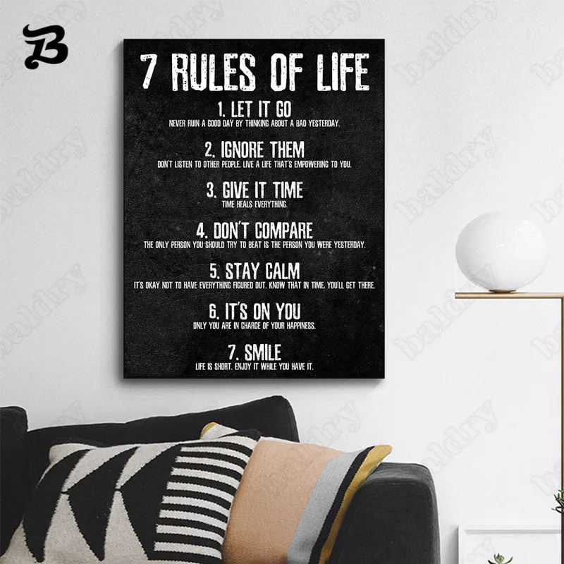 Schwarz und Weiß Leinwand Malerei Wand Kunst 7 Regeln des Lebens Maxim Zitate Poster und Drucke ...