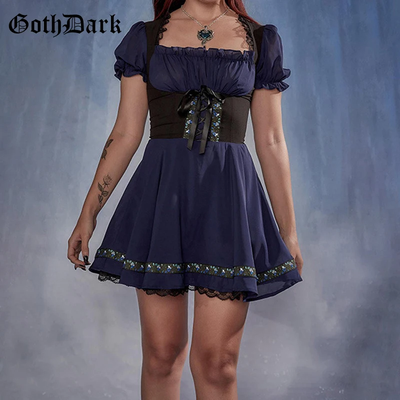 Insgoth Goth Vintage Blue Corset Dress Mall Gothic Aesthetic Lace Up
