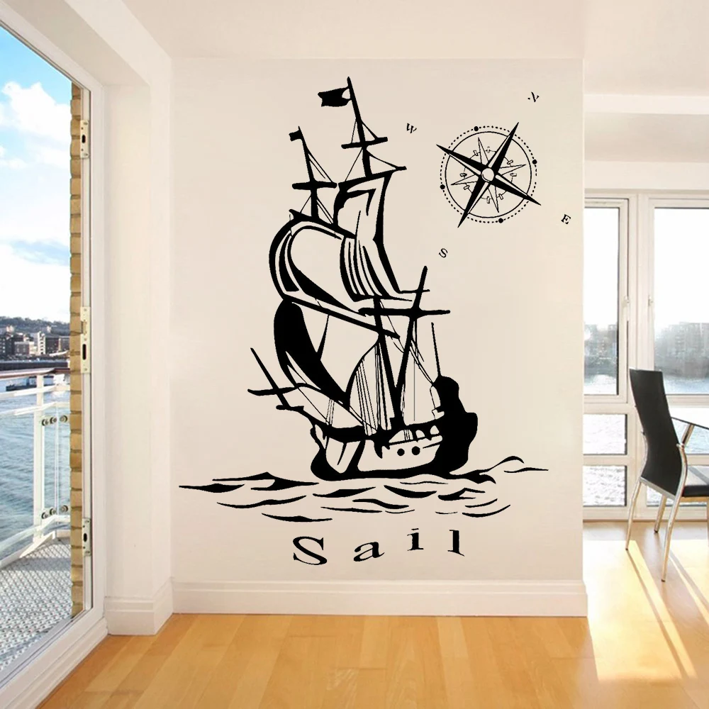 Sail Wall Decal Ship Yacht Compass Quotes Sail Ocean Marine Sea Waves ...