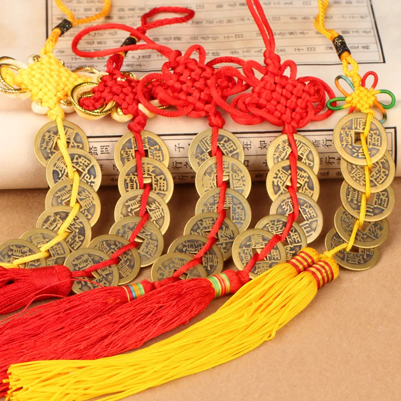 Chinês tradicional feng shui sorte moedas pingente com nó chinês cobre ...