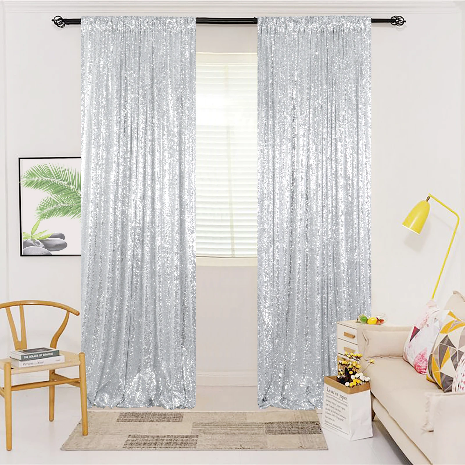 Sequin Curtain 2 Panels 84 Inches Silver Glitter Backdrop Curtains ...
