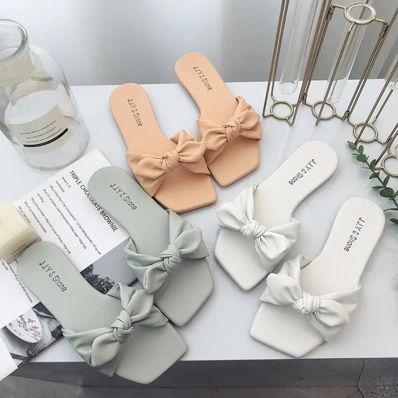 Zapatillas planas de verano para mujer, chanclas a la moda con lazo y ...