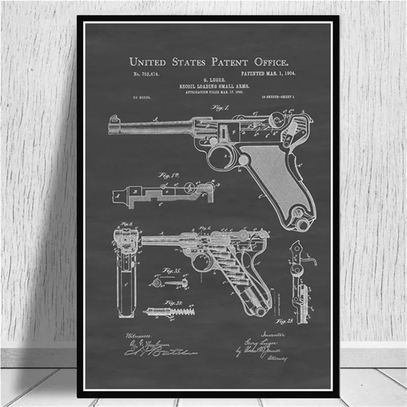 Other Outdoors - Gun Blueprint Luger Pistol Patent Chart Oil Canvas ...