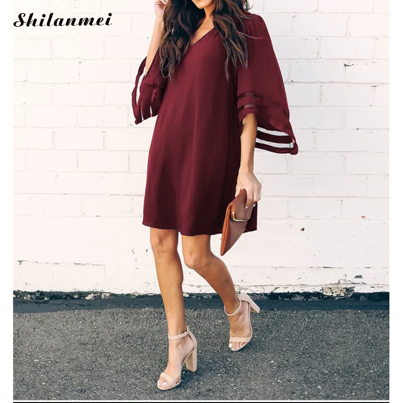 2019 Summer Two Layered Dress Women Casual Party Chiffon Dresses 3/4 ...