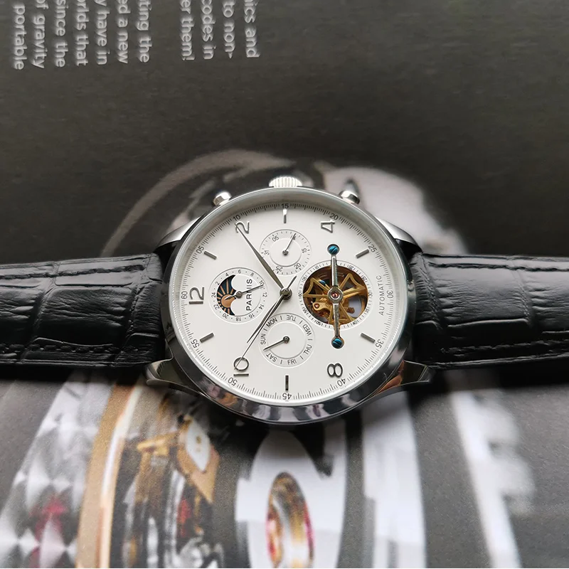 Parnis-43mm-White-Dial-Automatic-Mechanical-Men-s-Watch-Moon-Phase ...