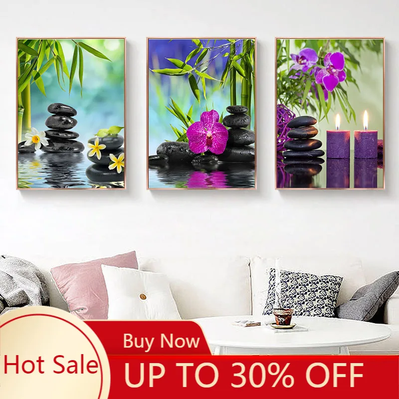 Green-Bamboo-Zen-Stone-Canvas-Painting-Wall-Art-Bathroom-Picture-Green ...