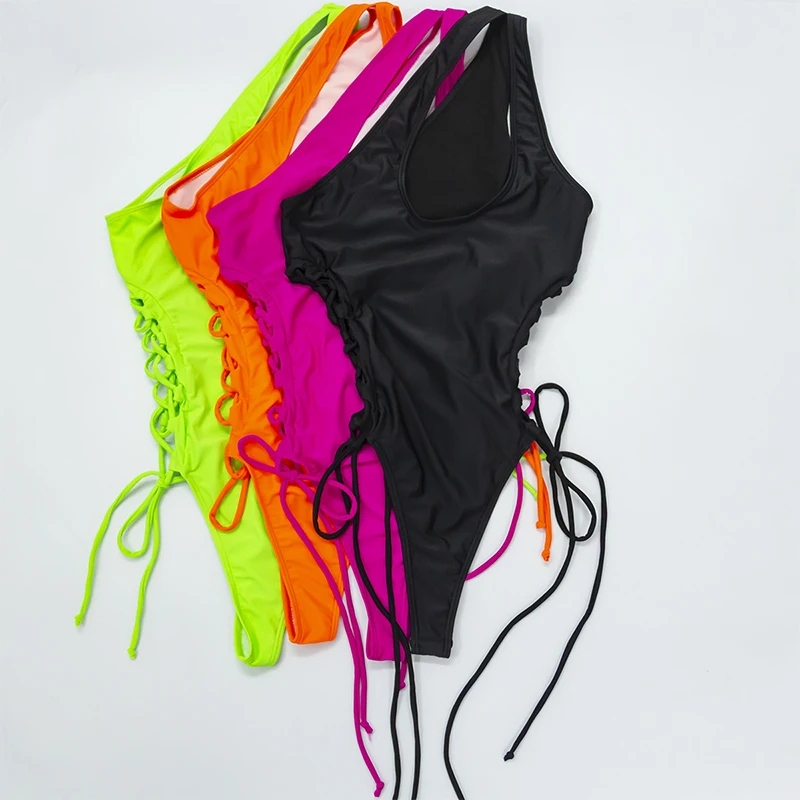 Bandage Orange Neon Swimsuit One Piece Thong Swimwear Bathing Suits ...