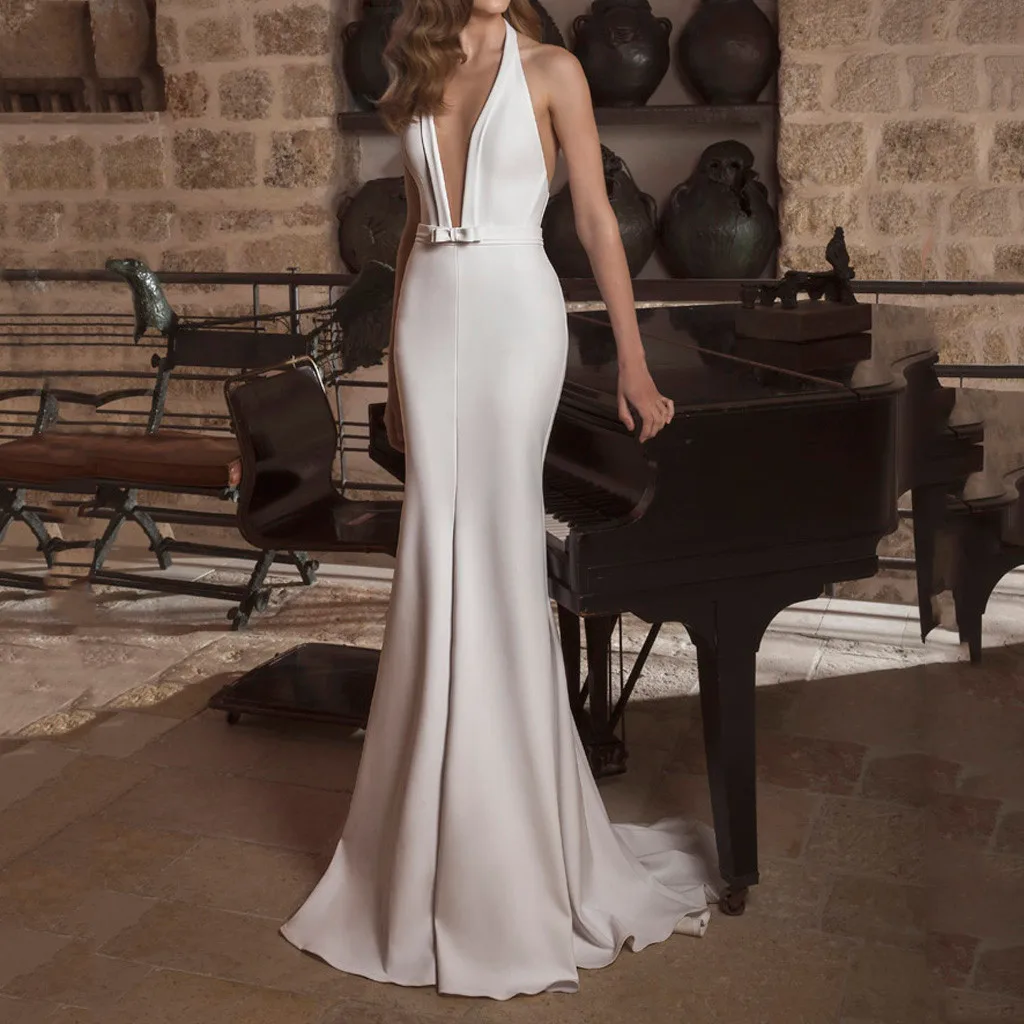 Floor Length Maxi Dress Women Showback Sexy Deep V Sleeveless Neckless ...