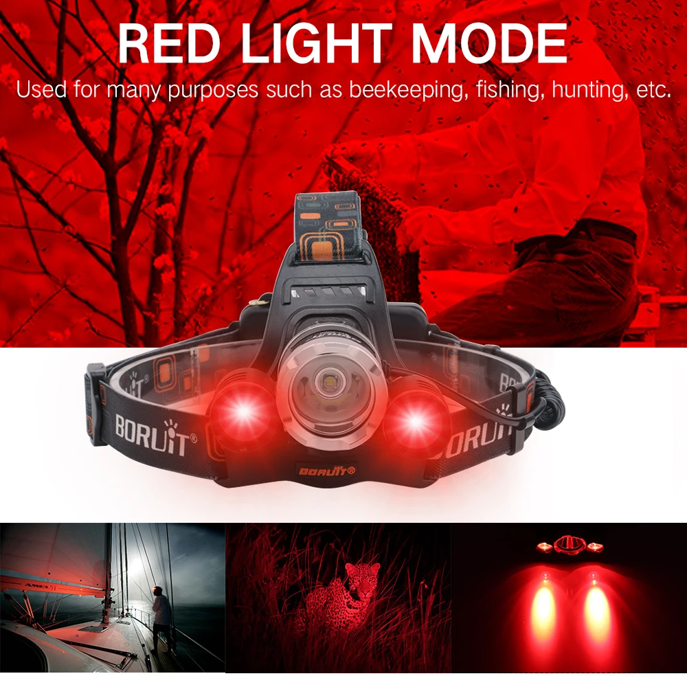 2000lm 3led Headlamp Red Light Outdoor Headlight 3-modes Waterproof Usb ...