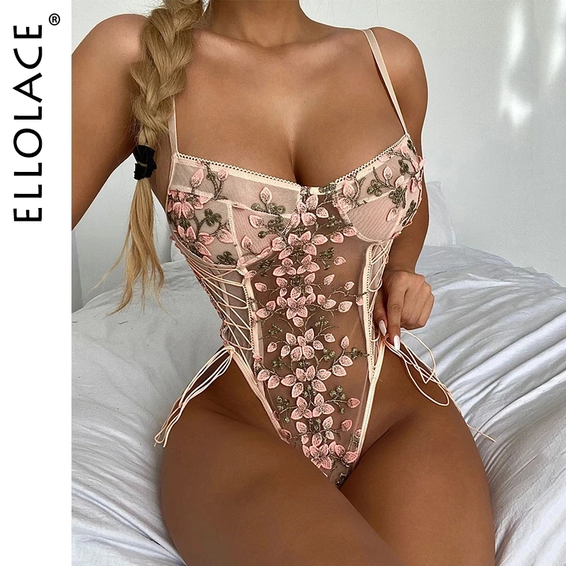 Ellolace body con bordado Floral para mujer, Bodycon Sexy sin mangas, lencería transparente, Top ...